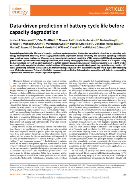 data driven prediction of battery cycle life before capacity