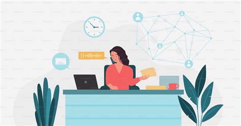 비즈니스 조직 작업 프로세스 및 글로벌 네트워크 책상에서 노트북을 들고 일하는 젊은 사업가들 플랫 벡터 일러스트레이션을 훈련하는 여성 사무원들 Voip 전화 통신