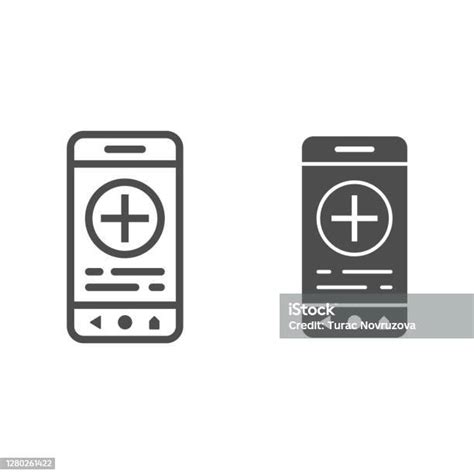 스마트폰 라인과 솔리드 아이콘의 의료 응용 프로그램 의료 테스트 개념 흰색 배경에 모바일 의학 표지판 모바일에 대한 개요 스타일의 의료 앱 아이콘스마트 폰 벡터 그래픽 건강