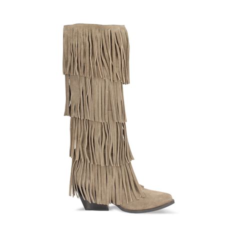 Stivali Texani Taupe In Camoscio Con Frange Primadonna Collection