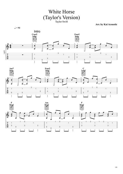 Taylor Swift White Horse Fingerstyle Guitar Tutorial Tab Sheet Music