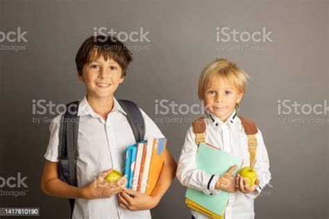 귀여운 유치원 금발 아이 소년 책과 노트북 들고 사과 안경 착용 학교 준비 2명에 대한 스톡 사진 및 기타 이미지 2명 가리키기 고등학교 이하 Istock