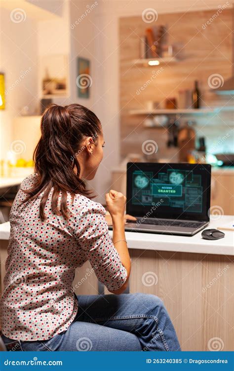 Happy Woman Hacker After Cracking Firewall Stock Image Image Of Hood Network 263240385