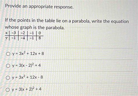 Solved Provide An Appropriate Response If The Points In The Table Lie On A Parabola Write The