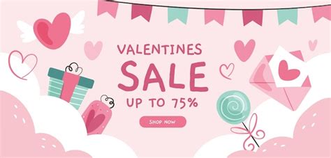 플랫 발렌타인 데이 가로 판매 배너 템플릿 무료 벡터