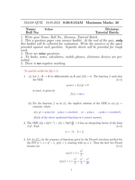 Quiz Solutions Yellow Pdf Ordinary Differential Equation Functions And Mappings