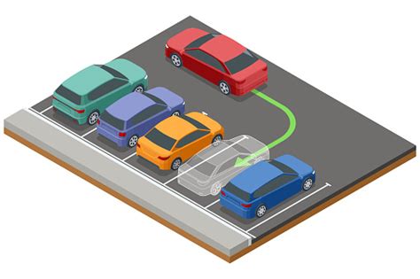 주차장에 여러 대의 자동차가 있는 아이소메트릭 주차 장면 빨간색 자동차가 주차 조작을 나타내는 녹색 가이드 화살표와 함께 후진하고 있습니다 주차장을 둘러싸고 있는 다양한
