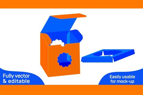 Cupcake Box Square Size With Window Dieline Template And 3d Box Design