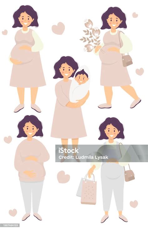 어머니와 임신의 벡터 세트 행복한 임산부는 꽃다발을 들고 신생아 가방 드레스와 바지를 입고 배를 껴안고 있습니다 벡터 플랫 일러스트레이션 개체 그룹에 대한 스톡 벡터 아트