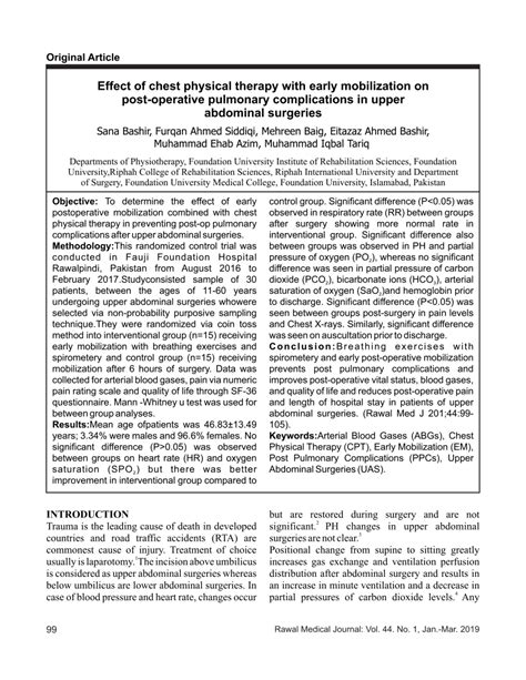 Pdf Effect Of Chest Physical Therapy With Early Mobilization On Post Operative Pulmonary