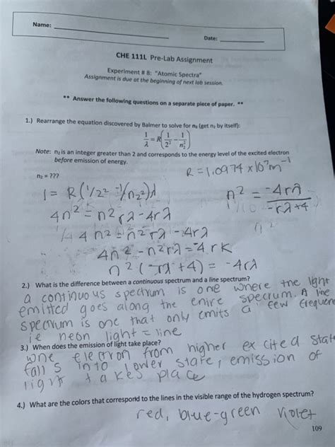 Solved Name Date Che 111l Pre Lab Assignment Experiment