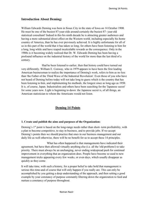 Deming 14 Points By Noman Nazir Pdf Business Operations Business