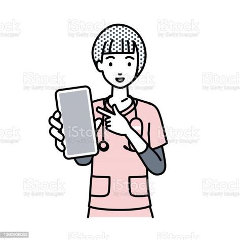 간호사 여성이 미소로 스마트 폰 모형 화면을 추천하고 제안하고 표시하고 가리키는 여성 Brand Name Smart Phone에 대한 스톡 벡터 아트 및 기타 이미지