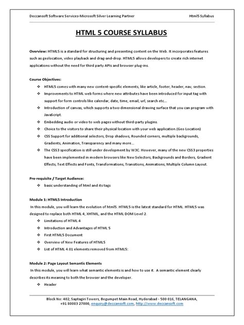 Html 5 Course Syllabus Pdf Html5 Html