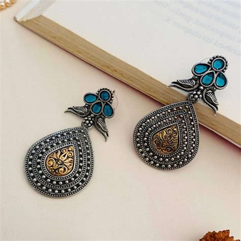 Blue Stone German Silver Plated Earrings South India Jewels