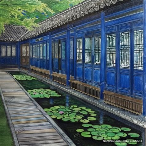 Ai创作图游廊彩绘 廊亭彩绘 江南庭院插画 同里彩绘 园林建筑彩绘 广富林油画 水榭树木壁画 同里插画 园博园壁画 恭王府彩绘 千灯古镇绘画 木廊彩绘 水上走廊油画 乌镇彩绘 转角游廊彩画