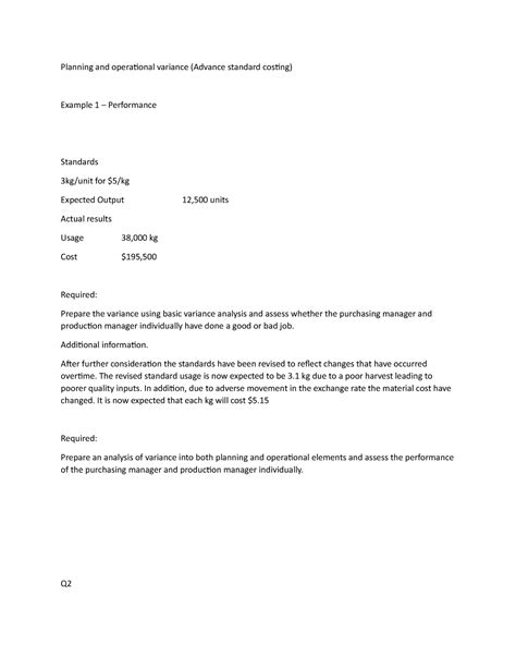 Planning And Operational Variance Additional Information After