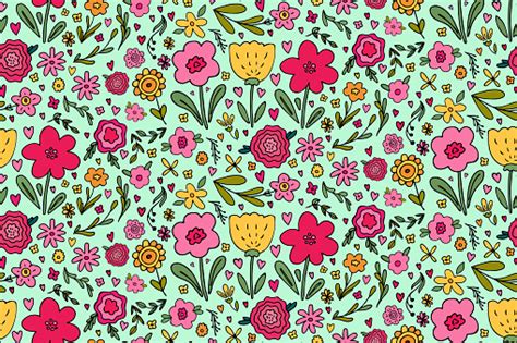 꽃 허브 가지 심장 다양한 손으로 그린 간단한 꽃 낙서의 큰 세트와 원활한 패턴 귀여운 벡터 일러스트 밝은 Ditsy 배경 봄 여름 꽃 한정 된 색상 팔레트 0명에 대한