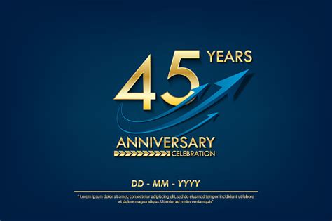 45 주년 기념 엠블럼 파란색 배경에 파란색 화살표 리본 기념일 우아함 황금 로고 축하 인사말 및 초대 카드를위한 벡터 일러스트