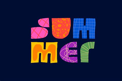 여름 추상 창조적 인 장식 비문 개념입니다 다채롭고 유치하고 순진하고 기하학적이고 고르지 않은 곡선 모양 글자 여름 테마 현대 유행 손으로 그린 텍스트입니다 예술적 Eps