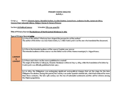 G3 Primary Source Analysis PRIMARY SOURCE ANALYSIS Activity 2 Group 3 Names Abonete Agnes