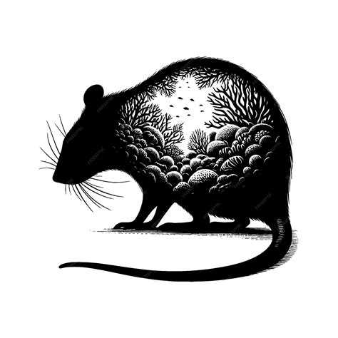 silhouette of rat filled with underwater view with coral in rough drawing premium ai generated