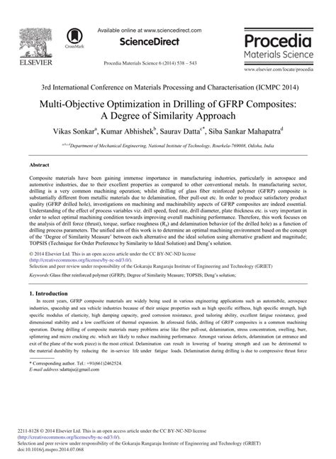 Pdf Multi Objective Optimization In Drilling Of Gfrp Composites A Degree Of Similarity Approach