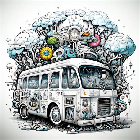 구름에 만화 캐릭터로 가득 찬 버스의 복잡한 펜 그림 프리미엄 사진