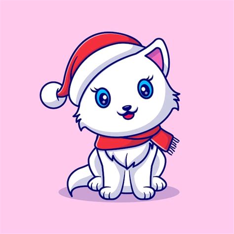 크리스마스 날 만화 벡터 삽화를 위한 산타 모자를 쓴 귀여운 고양이 프리미엄 벡터