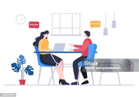면접 회의 후보자 및 인사 관리자 고용 및 고용의 아이디어 테이블에 비즈니스 남자 또는 여자 대화에 대한 벡터 일러스트 레이션 경력 인적 자원 개념 개념에 대한 스톡 벡터