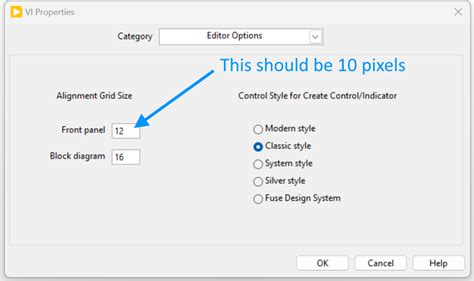 The Default Front Panel Alignment Grid Size Should Be 10 Pixels