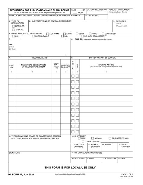 Da Form 17 Requisition For Publications And Blank Forms Document