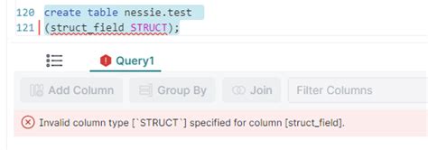Invalid Column Type `struct` Specified For Column Dremio