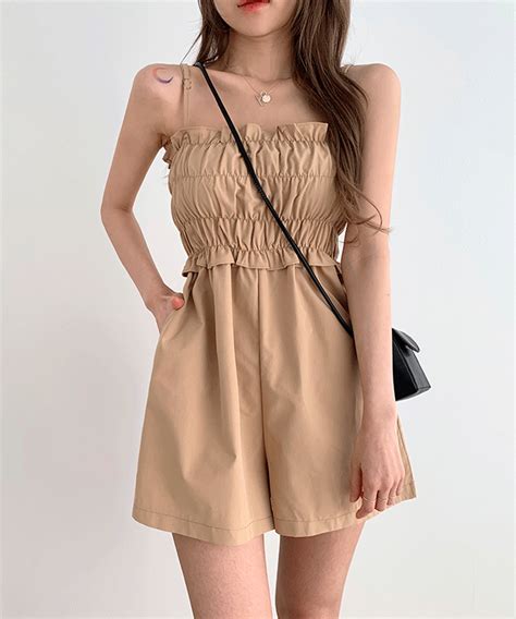 스모크 밴딩 프릴 끈 뷔스티에 점프수트 에이블리