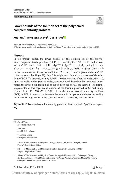 Lower Bounds Of The Solution Set Of The Polynomial Complementarity Problem Request Pdf