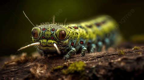 Fondo Una Oruga Verde Brillante Con Ojos Azules Sobresale De Un Tronco