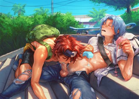 Rule 34 Backpack Blowjob Blowjob Face Bludwing Blue Hair Clothing Gay Human Ice Cream Langa