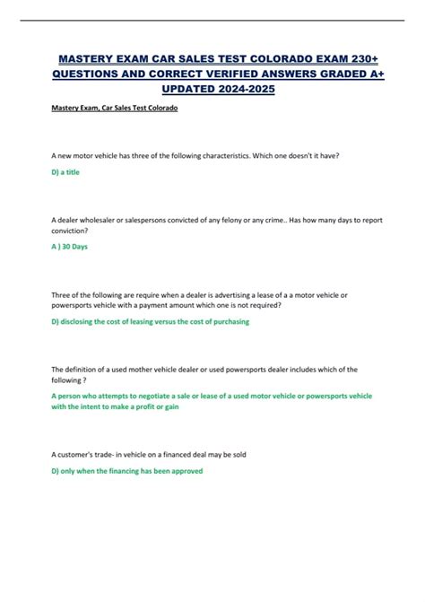 Mastery Exam Car Sales Test Colorado Exam 230 Questions And Correct Verified Answers Graded A
