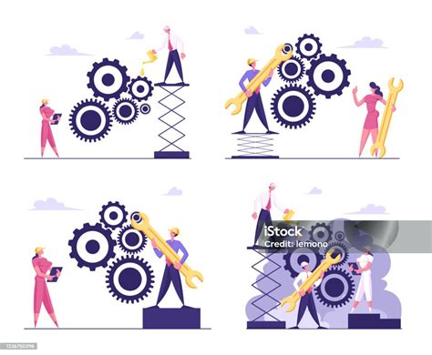 작업 루틴 및 팀워크 개념 렌치와 오일캔을 사용하여 거대한 기어 메커니즘을 움직이는 하드햇의 비즈니스 캐릭터 태블릿에서 톱니바퀴 프로세스를 관리하는 여성 만화 사람 벡터