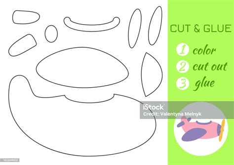 색상 잘라 및 접착제 종이 분홍색 비행기 공예 활동 페이지를 잘라 내고 붙여 넣습니다 유치원 어린이를위한 교육 게임 Diy 워크 시트 아이 로직 게임 활동 퍼즐 벡터 스톡