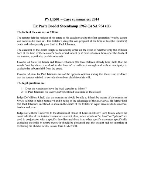 Case Summaries 2011 A Brief Summary Of The Relevant Cases For Law Of Perons Pvl1501 Case