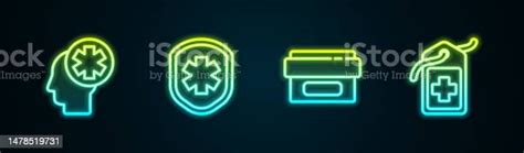 병원 의료 방패 십자가 연고 크림 튜브 약 및 크로스 의료 태그와 라인 남성 머리를 설정합니다 빛나는 네온 아이콘입니다 벡터 1위에 대한 스톡 벡터 아트 및 기타 이미지