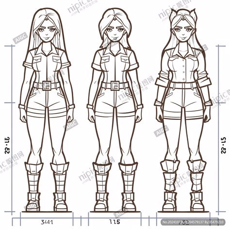 Ai创作图女孩三视图插画 三视图图正面图 漫画人物全身设计 女孩三视图 正面图三视图图 三视图素材 五视图图正面图 正视图三视图图 牛仔版型图