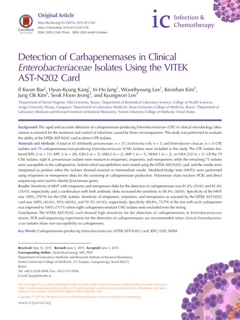 Pdf Detection Of Carbapenemases In Clinical Enterobacteriaceae Isolates Using The Vitek Ast