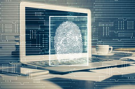 지문 드로잉이 있는 사무실의 데스크톱 컴퓨터 이중 노출 비즈니스 데이터 보안개념입니다 개념에 대한 스톡 사진 및 기타 이미지 개념 검증 노트북 Istock