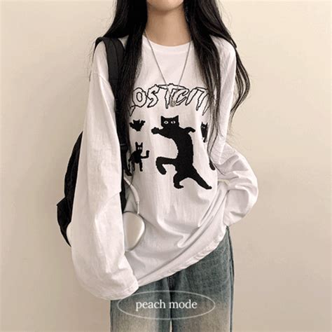 [가을신상 데일리] 넬라 라운드 배색 고양이 프린팅 오버핏 긴팔티셔츠 3color 에이블리