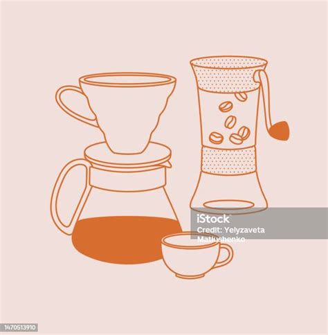 손으로 그린 커피 한 잔과 그라인더로 붓습니다 라인 아트 0명에 대한 스톡 벡터 아트 및 기타 이미지 0명 드로잉 따르기 Istock