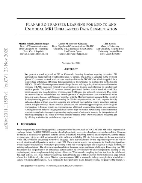 Pdf Planar 3d Transfer Learning For End To End Unimodal Mri Unbalanced Data Segmentation