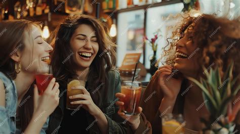 Premium Photo Three Beautiful Young Women Are Sitting In A Bar