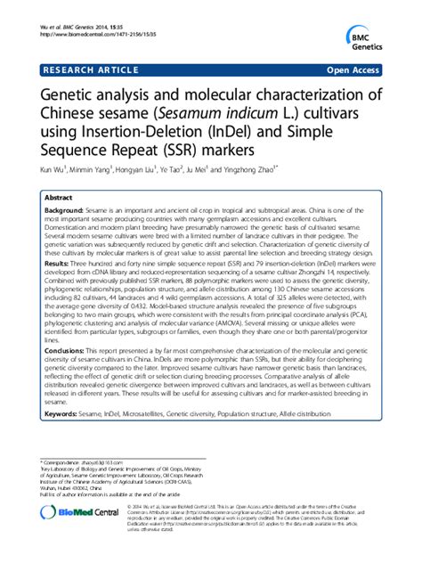 Pdf Genetic Analysis And Molecular Characterization Of Chinese Sesame Sesamum Indicum L